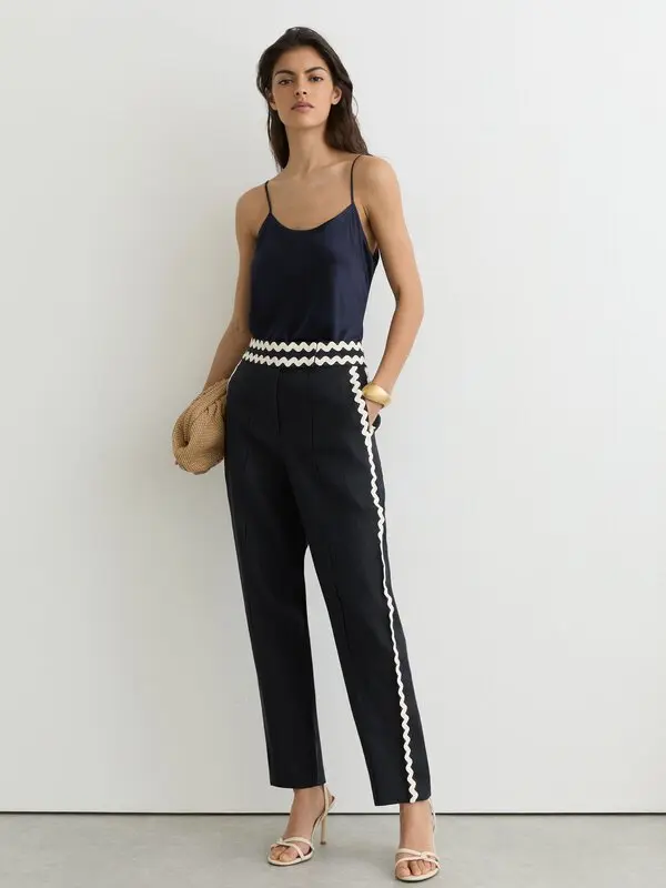 REISS Mila Linen Wave-trimed Trousers - Navy
