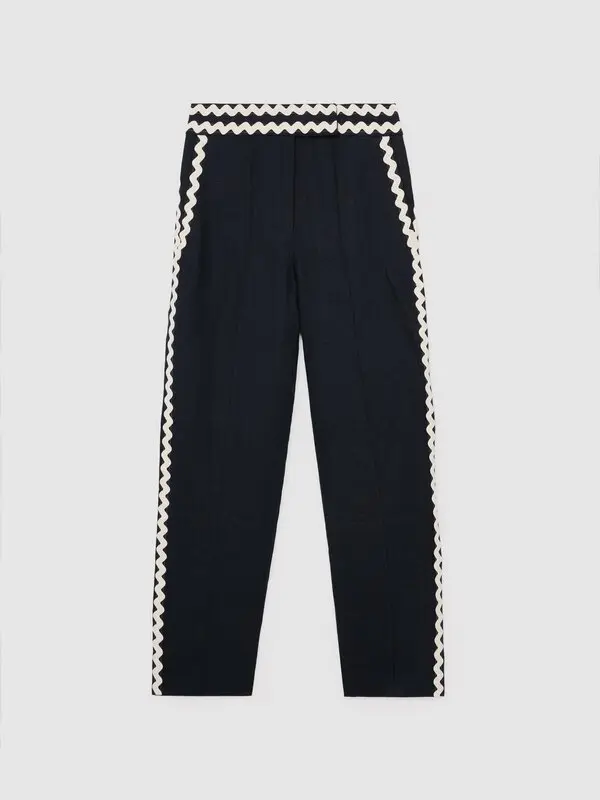 REISS Mila Linen Wave-trimed Trousers - Navy