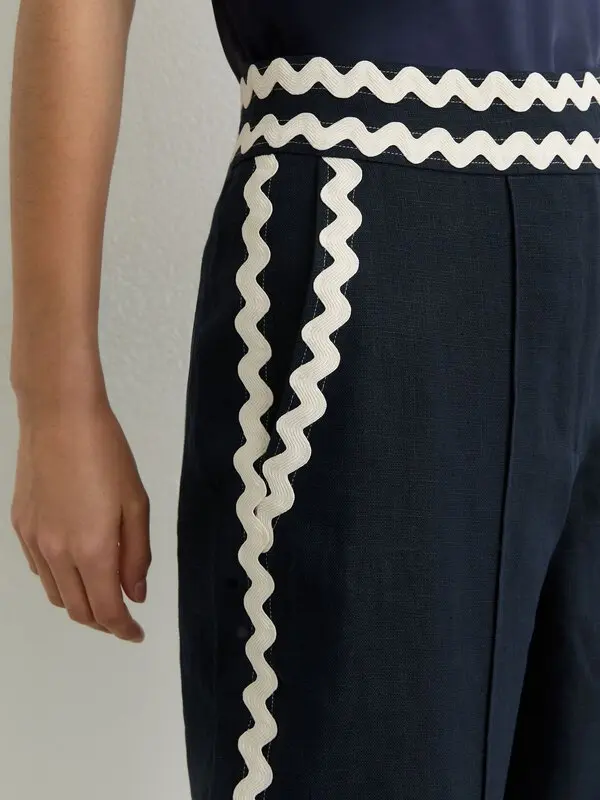 REISS Mila Linen Wave-trimed Trousers - Navy