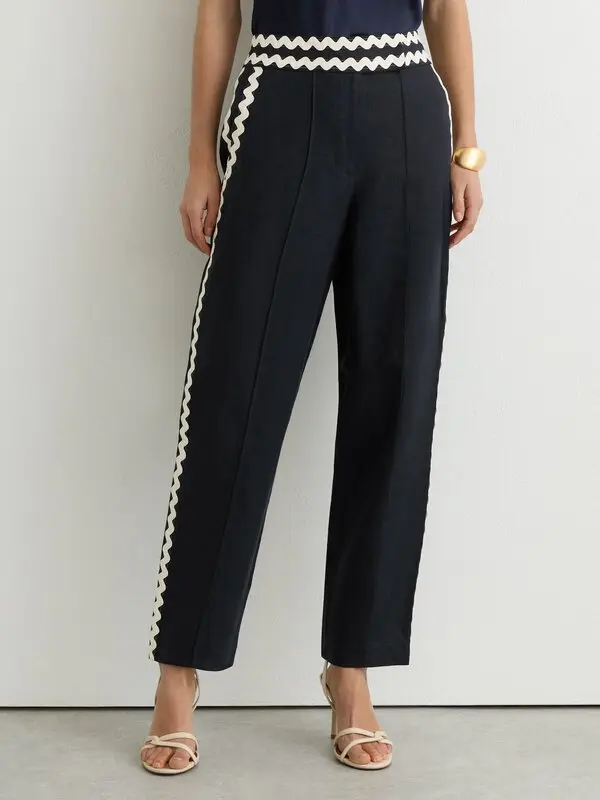 REISS Mila Linen Wave-trimed Trousers - Navy