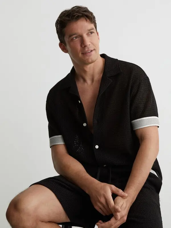 REISS Cotton-blend Tape-trim Crochet Shirt - Black