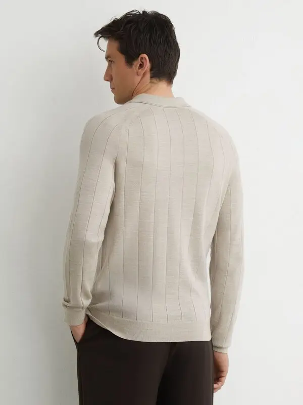 REISS Merino Wool Wide-rib Polo Jumper - Stone Mouline