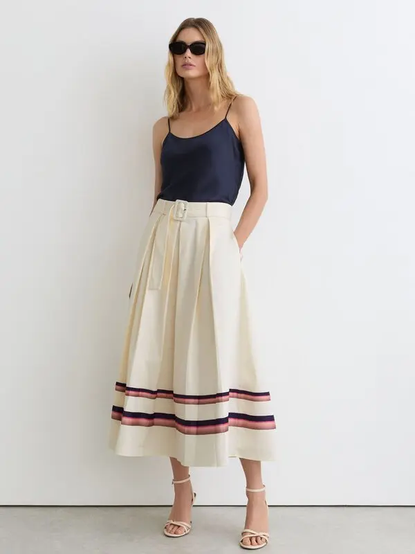REISS Belted Midi Skirt With Stripe Detail