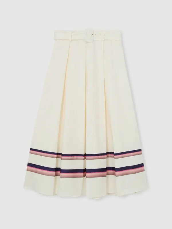 REISS Belted Midi Skirt With Stripe Detail