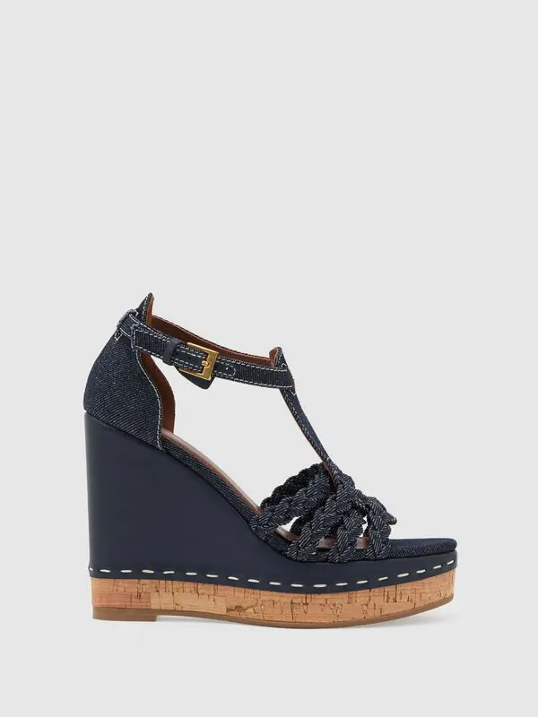 REISS Denim Plaited-strap Wedge Sandals