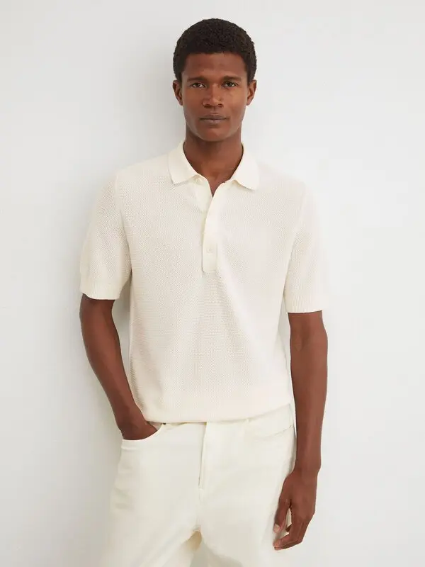 REISS Cotton-blend Basket-stitch Polo Shirt - Ecru