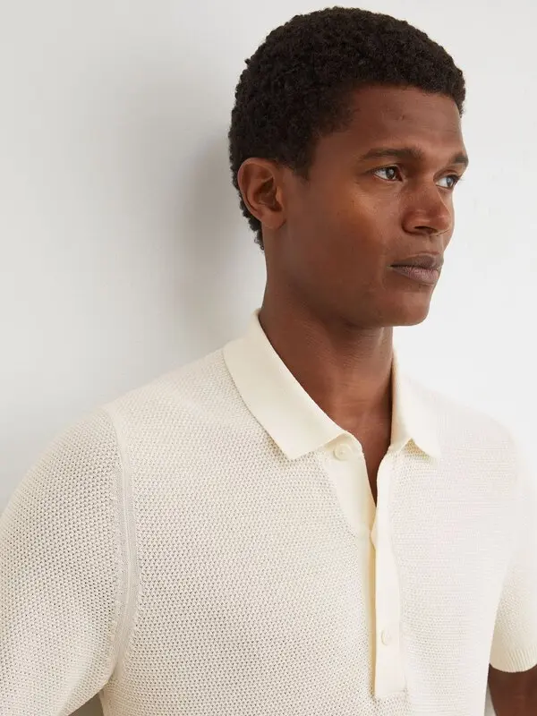 REISS Cotton-blend Basket-stitch Polo Shirt - Ecru