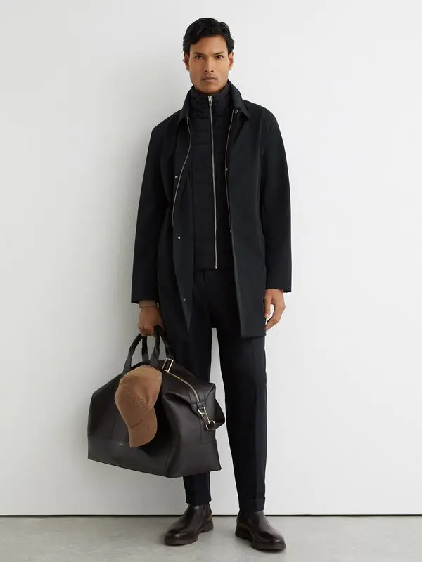 REISS Hybrid Removable Funnel Neck Overcoat - Navy