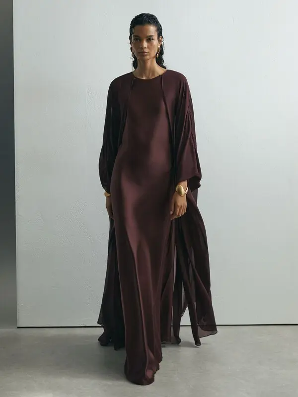 ATELIER Satin Cape Maxi Dress - Grape