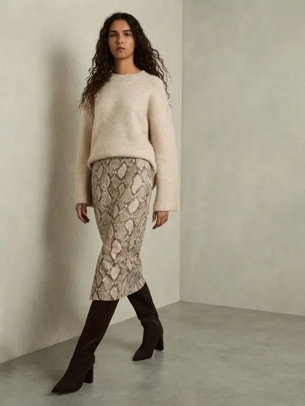 REISS Missa Pencil Skirt Leather Snakeskin