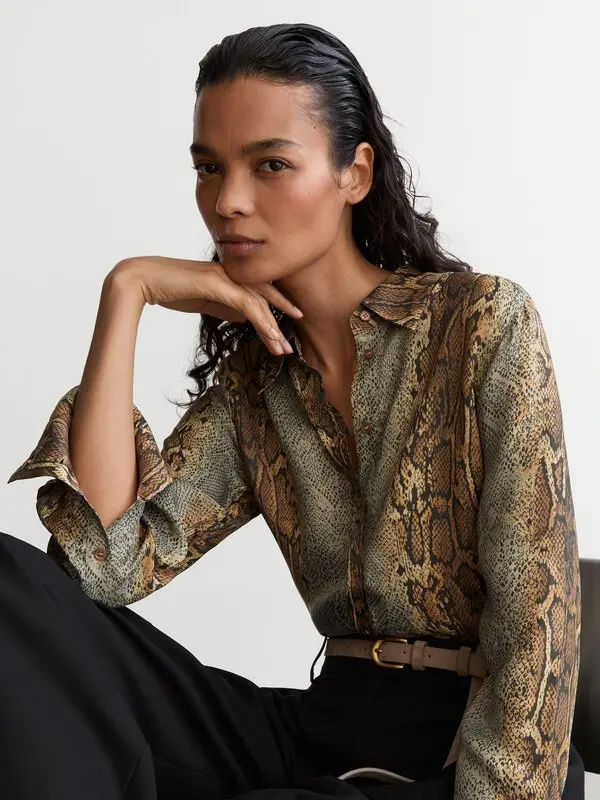REISS Neutral & Grey Snakeskin-print Long-sleeve Shirt - Neutral/grey