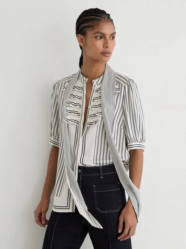 REISS Striped Ruffle-trim Tie-neck Blouse