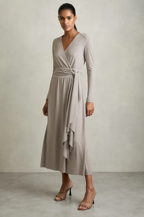 REISS Ribbed Wrap Midi Dress - Light Grey