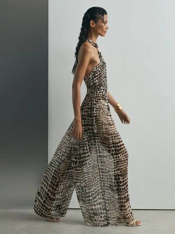 ATELIER Animal-print Wide-leg Halter Jumpsuit With Lace Detail