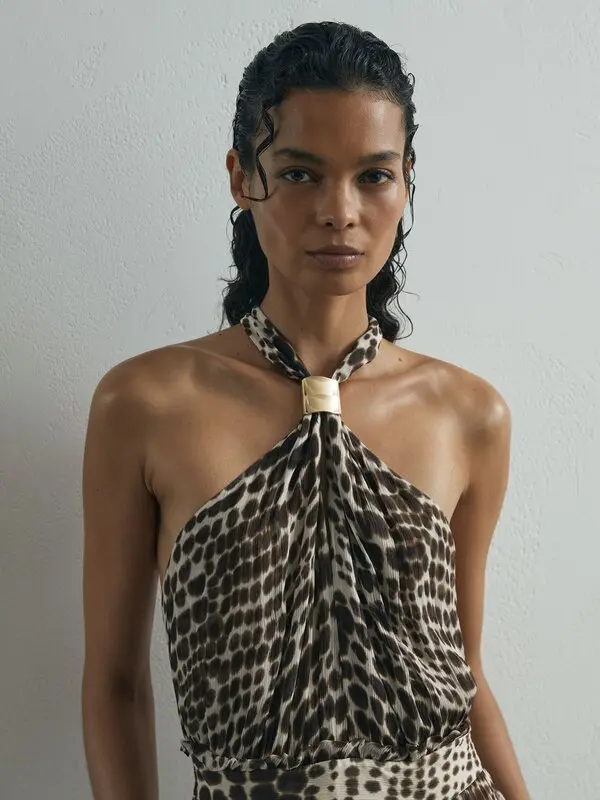 ATELIER Animal-print Wide-leg Halter Jumpsuit With Lace Detail
