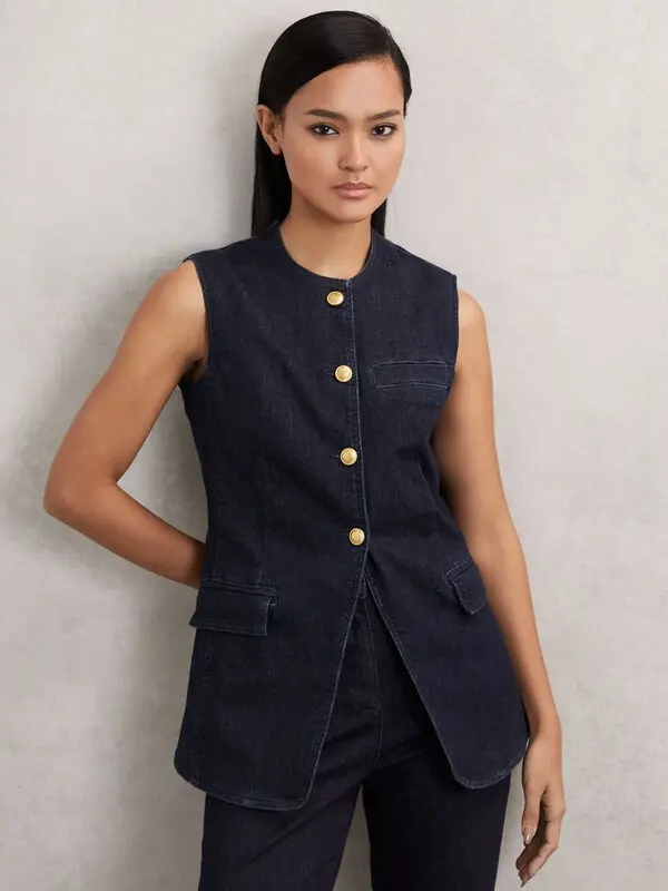 REISS Denim Long-line Waistcoat