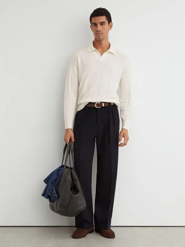 REISS Wool Square-textured Open-collar Polo Jumper - White