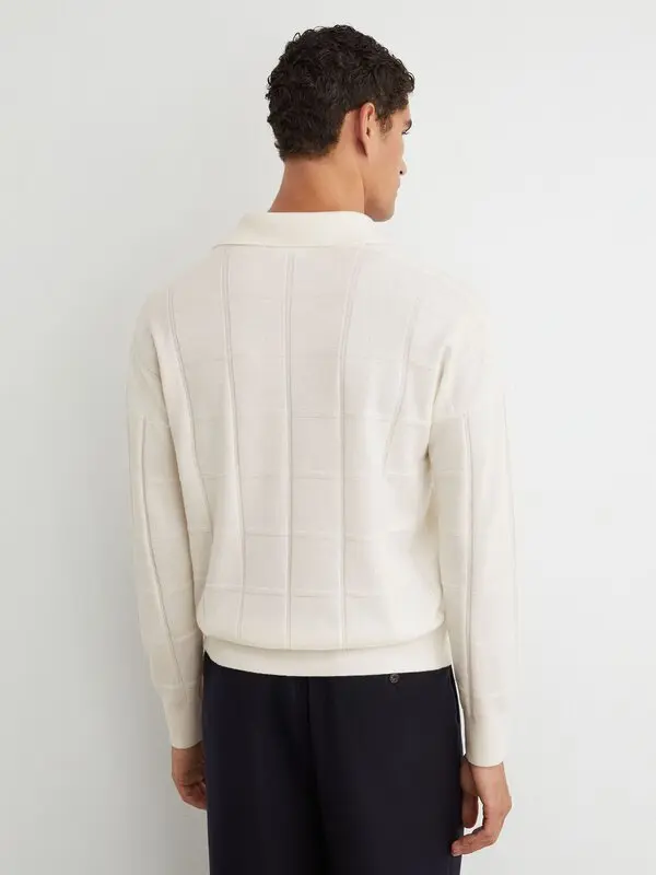 REISS Wool Square-textured Open-collar Polo Jumper - White