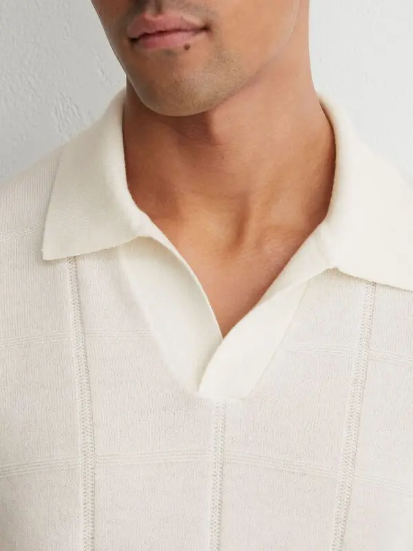 REISS Wool Square-textured Open-collar Polo Jumper - White