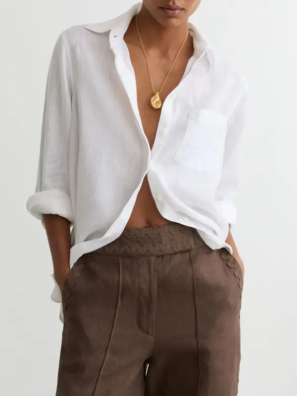 REISS Mila Linen Wave-trimed Trousers - Brown