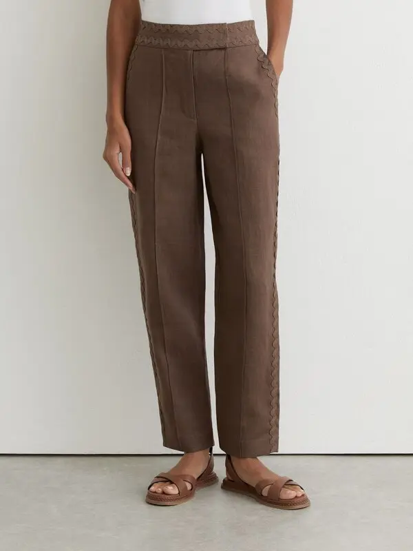 REISS Mila Linen Wave-trimed Trousers - Brown