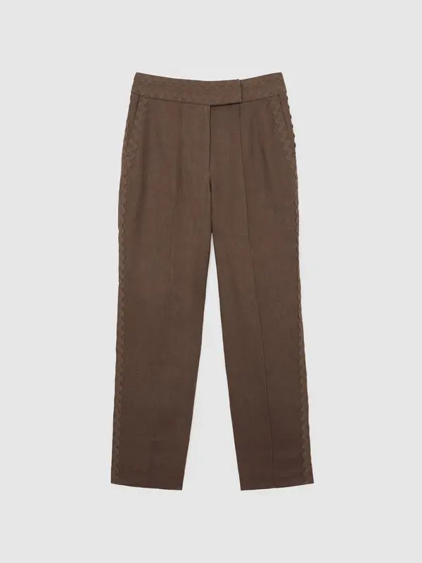 REISS Mila Linen Wave-trimmed Trousers - Brown