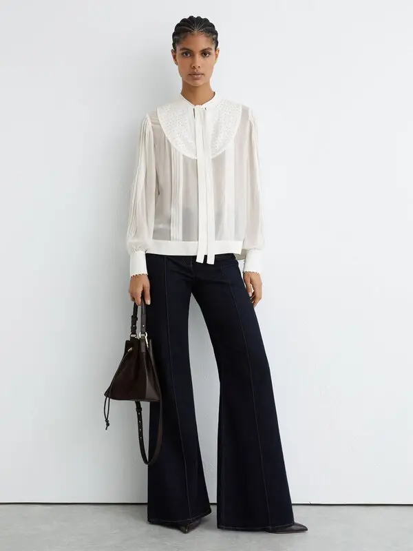 REISS Georgette Tie-neck Beaded Blouse