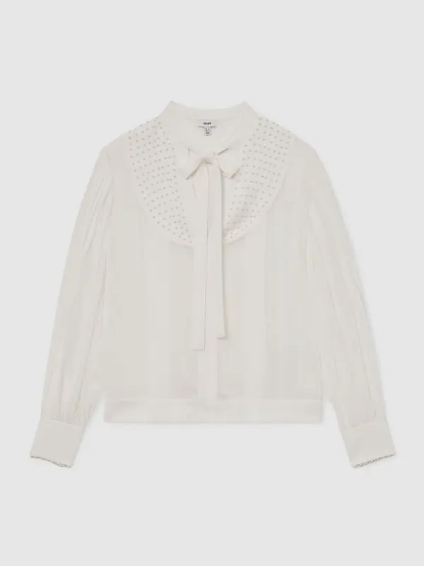 REISS Georgette Tie-neck Beaded Blouse