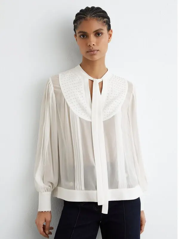 REISS Georgette Tie-neck Beaded Blouse