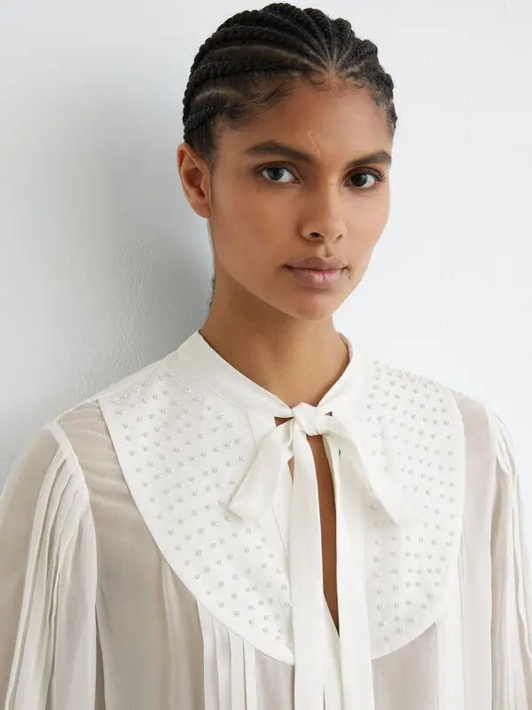 REISS Georgette Tie-neck Beaded Blouse
