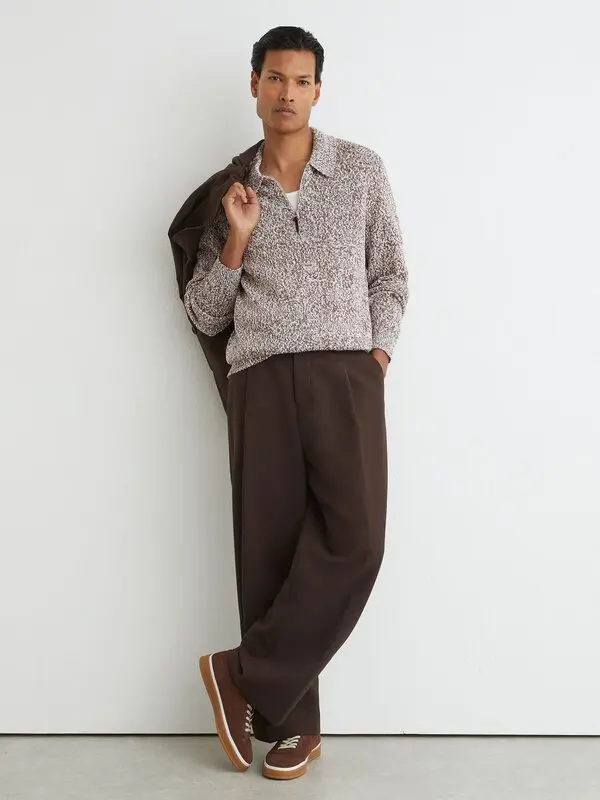 REISS White & Camel Cotton-blend Marled Half-zip Polo Jumper