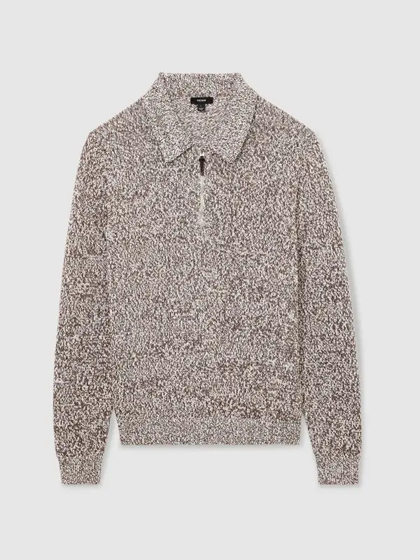 REISS White & Camel Cotton-blend Marled Half-zip Polo Jumper