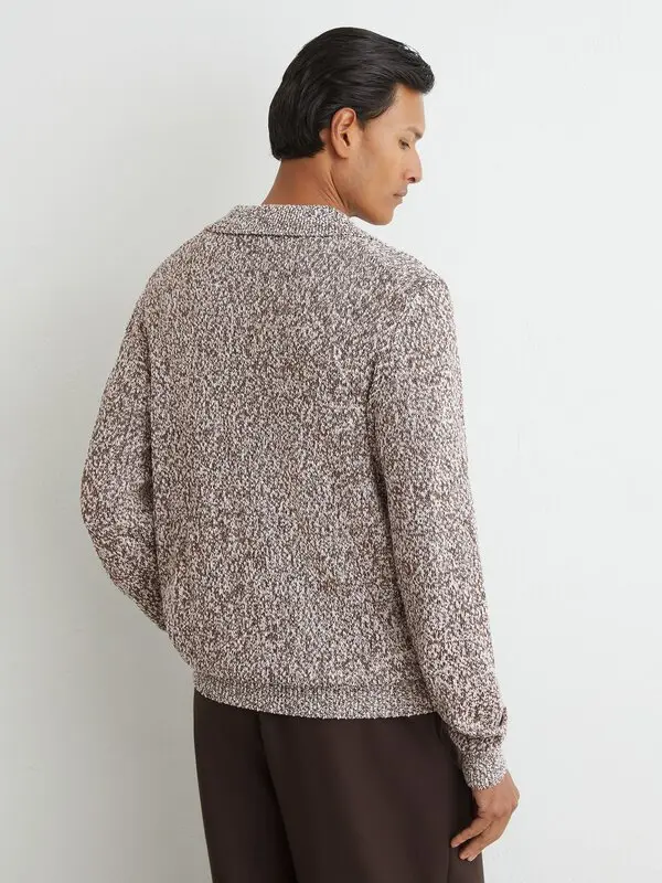 REISS White & Camel Cotton-blend Marled Half-zip Polo Jumper