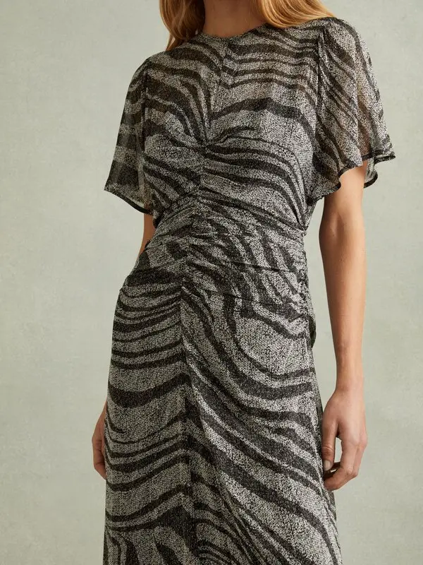 REISS Black & Grey Animal Printed Midi Dress