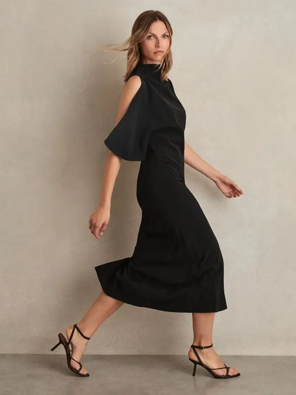 REISS Draped Front High Neck Midi Dress - Black