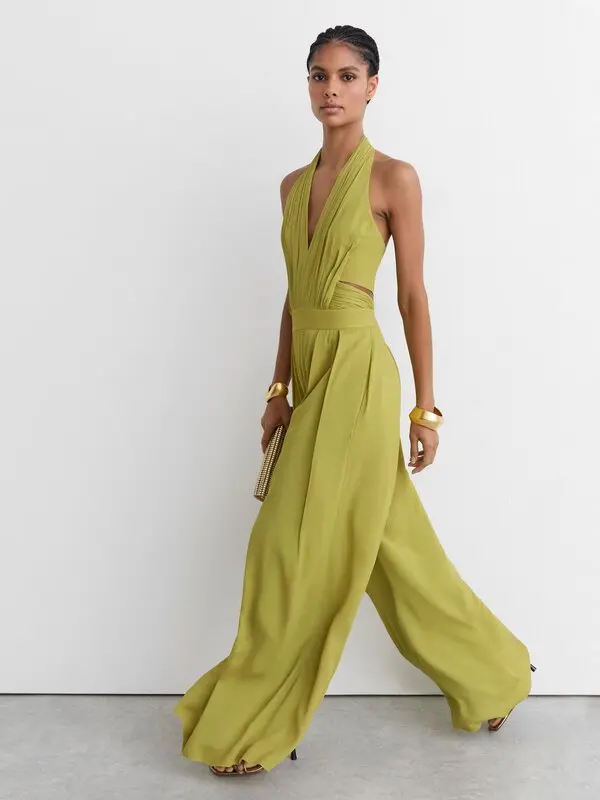 REISS Halterneck Pleated Wide-leg Jumpsuit