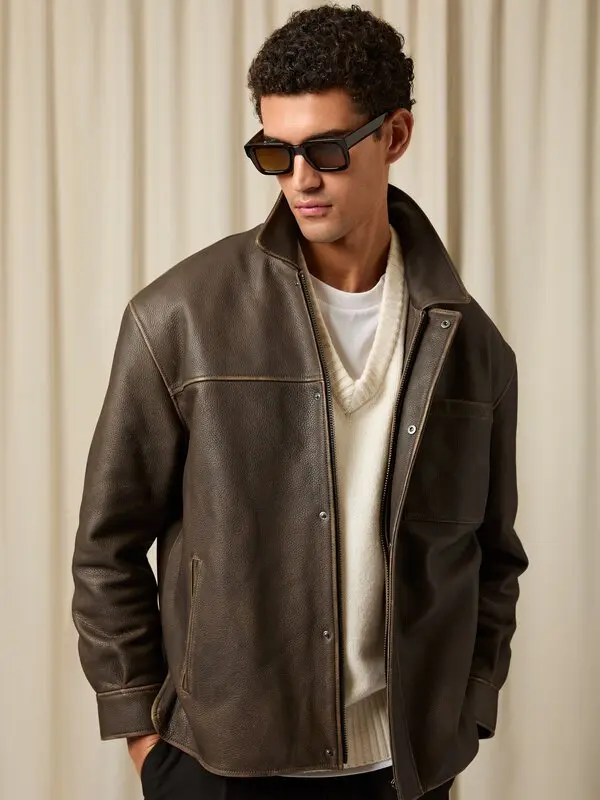 REISS Monogram Embossed Leather Jacket Relaxed-fit