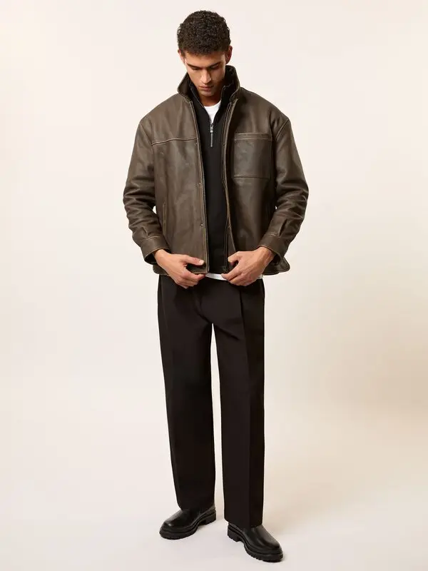 REISS Monogram Embossed Leather Jacket Relaxed-fit