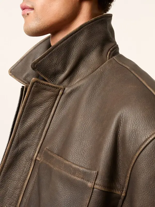 REISS Monogram Embossed Leather Jacket Relaxed-fit
