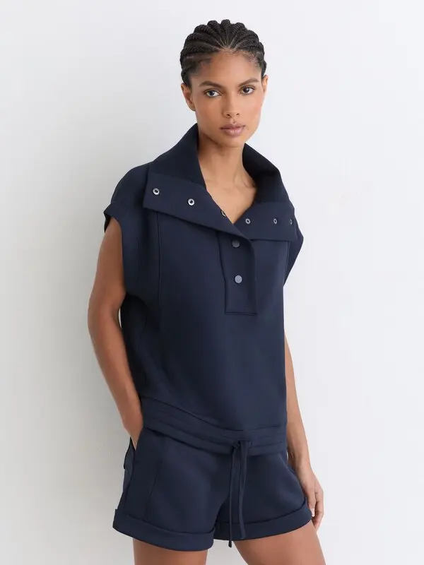 REISS Premium Interlock Sleeveless Collared Top - Navy