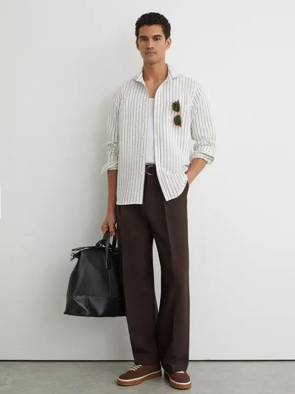 REISS White & Blue -blend Seersucker Pinstripe Shirt Regular-fit - White/blue