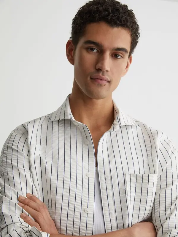 REISS White & Blue -blend Seersucker Pinstripe Shirt Regular-fit - White/blue