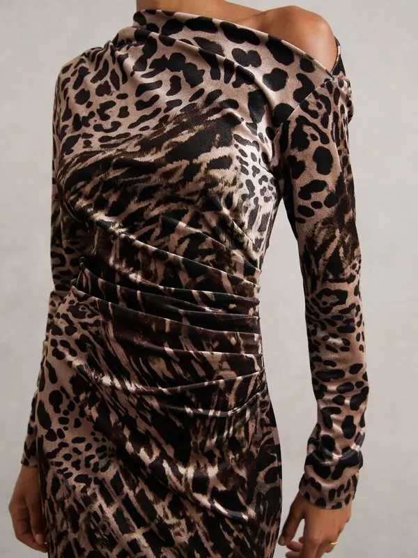 REISS Black & Brown Velvet Leopard-print Midi Dress