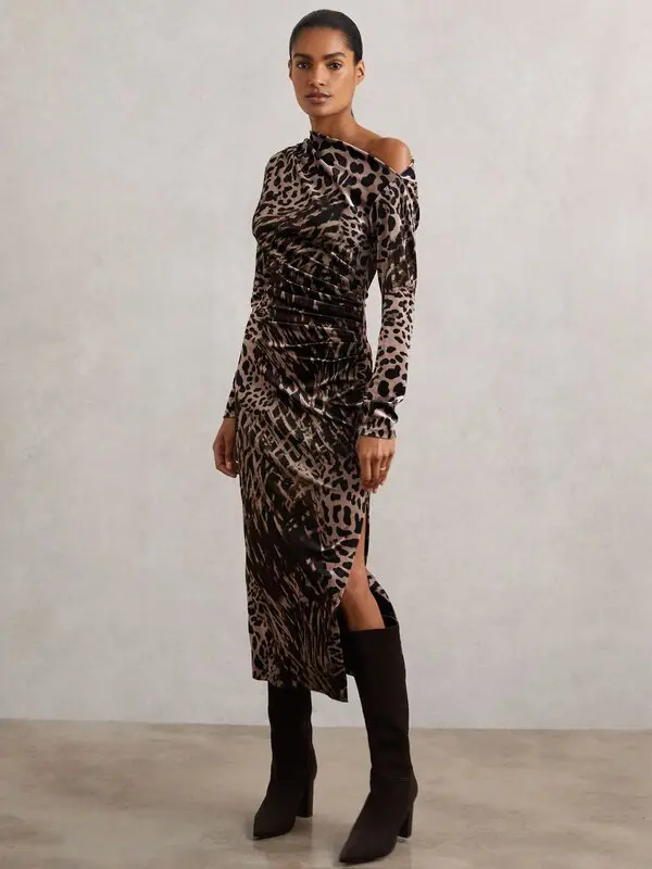 REISS Asymmetric Off-shoulder Leopard Print Midi Dress