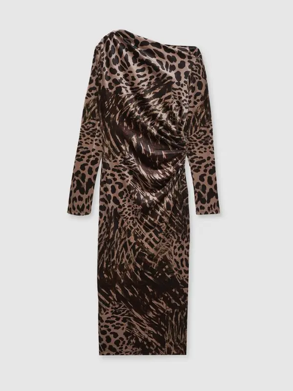 REISS Asymmetric Off-shoulder Leopard Print Midi Dress