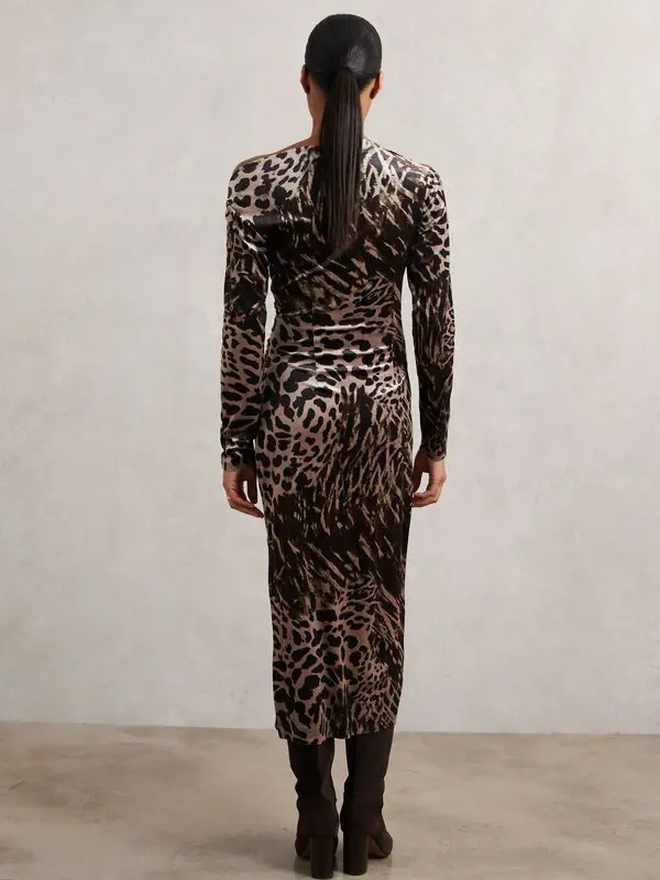 REISS Asymmetric Off-shoulder Leopard Print Midi Dress