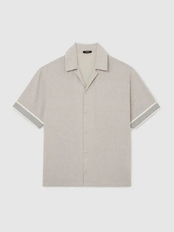 REISS White & Black Textured Stripe-tape Cuban-collar Shirt