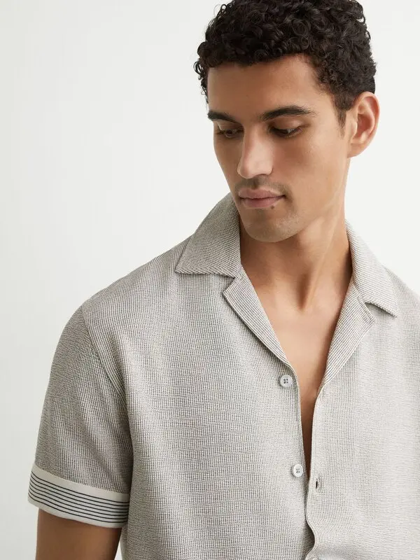 REISS White & Black Textured Stripe-tape Cuban-collar Shirt