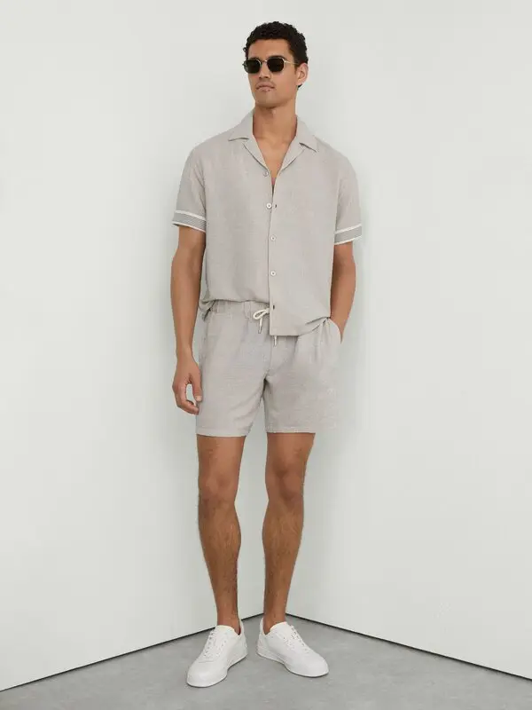 REISS White & Black Textured Stripe-tape Cuban-collar Shirt