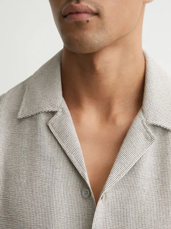REISS White & Black Textured Stripe-tape Cuban-collar Shirt